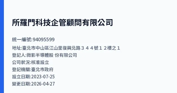所羅門科技企管顧問有限公司的照片-統編 94095599(臺北市) 公司登記資料與營業項目詳細圖表