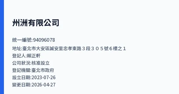 州洲有限公司的照片-統編 94096078(臺北市) 公司登記資料與營業項目詳細圖表