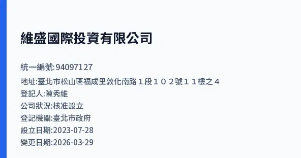 維盛國際投資有限公司的照片-統編 94097127(臺北市) 公司登記資料與營業項目詳細圖表