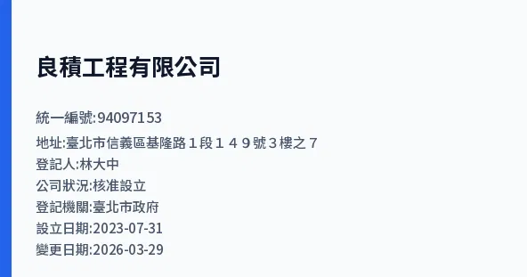 良積工程有限公司的照片-統編 94097153(臺北市) 公司登記資料與營業項目詳細圖表