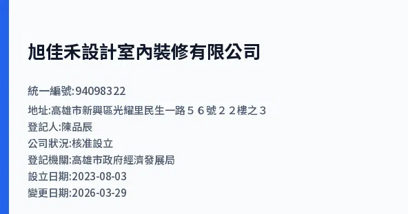 旭佳禾設計室內裝修有限公司的照片-統編 94098322(高雄市) 公司登記資料與營業項目詳細圖表
