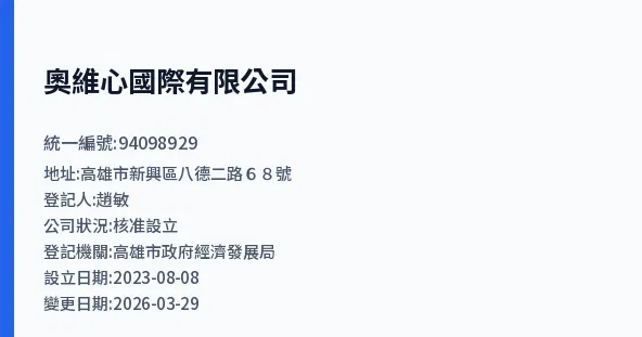 奧維心國際有限公司的照片-統編 94098929(高雄市) 公司登記資料與營業項目詳細圖表