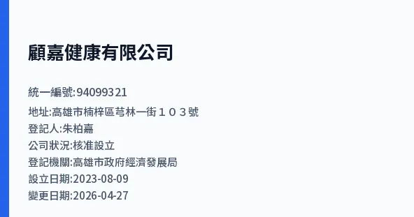 顧嘉健康有限公司的照片-統編 94099321(高雄市) 公司登記資料與營業項目詳細圖表