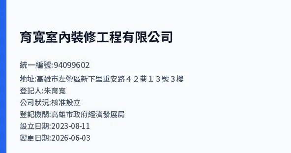 育寬室內裝修工程有限公司的照片-統編 94099602(高雄市) 公司登記資料與營業項目詳細圖表