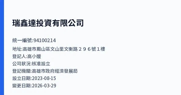 瑞鑫達投資有限公司的照片-統編 94100214(高雄市) 公司登記資料與營業項目詳細圖表