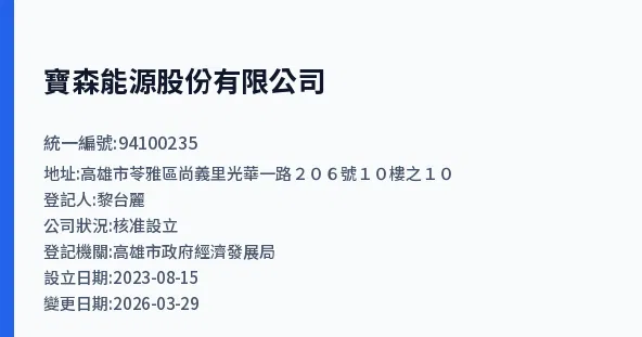 寶森能源股份有限公司的照片-統編 94100235(高雄市) 公司登記資料與營業項目詳細圖表
