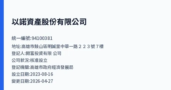以諾資產股份有限公司的照片-統編 94100381(高雄市) 公司登記資料與營業項目詳細圖表