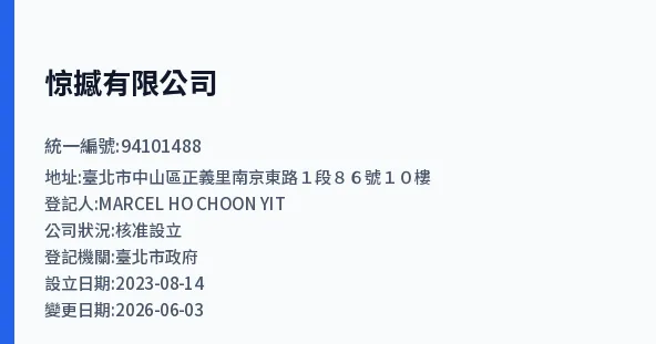 惊撼有限公司的照片-統編 94101488(臺北市) 公司登記資料與營業項目詳細圖表