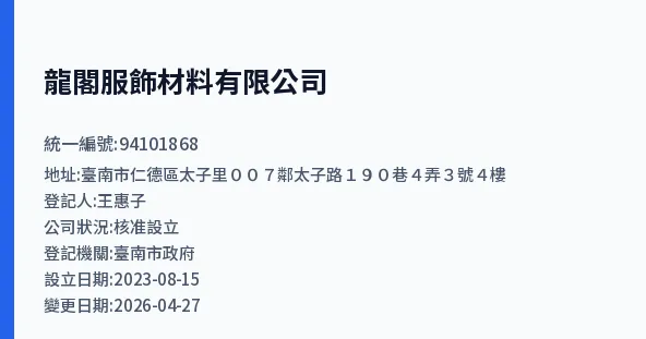 龍閣服飾材料有限公司的照片-統編 94101868(臺南市) 公司登記資料與營業項目詳細圖表
