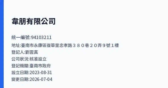 韋朋有限公司的照片-統編 94103211(臺南市) 公司登記資料與營業項目詳細圖表