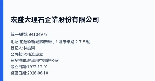 宏盛大理石企業股份有限公司的照片-統編 94104978(花蓮縣) 公司登記資料與營業項目詳細圖表
