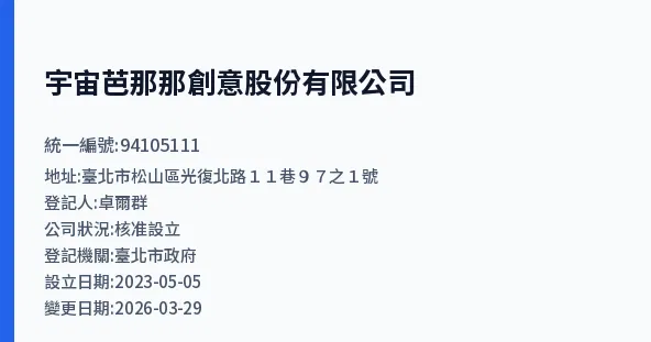 宇宙芭那那創意股份有限公司的照片-統編 94105111(臺北市) 公司登記資料與營業項目詳細圖表