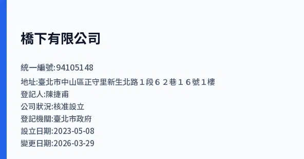 橋下有限公司的照片-統編 94105148(臺北市) 公司登記資料與營業項目詳細圖表