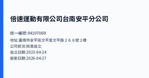 倍速運動有限公司台南安平分公司的照片-統編 94107069(臺南市) 公司登記資料與營業項目詳細圖表