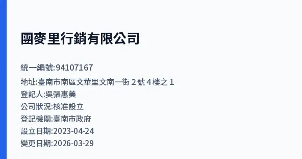團麥里行銷有限公司的照片-統編 94107167(臺南市) 公司登記資料與營業項目詳細圖表