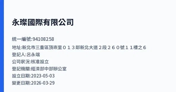 永璨國際有限公司的照片-統編 94108258(新北市) 公司登記資料與營業項目詳細圖表