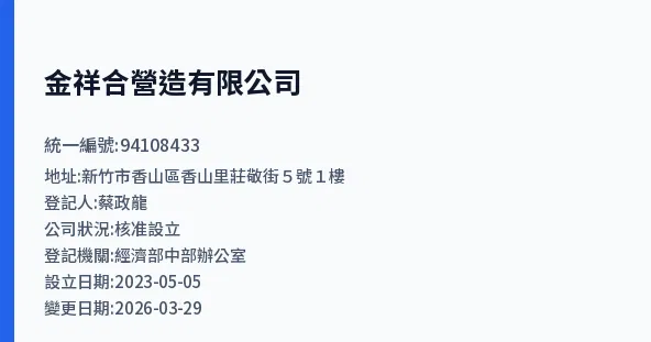 金祥合營造有限公司的照片-統編 94108433(新竹市) 公司登記資料與營業項目詳細圖表