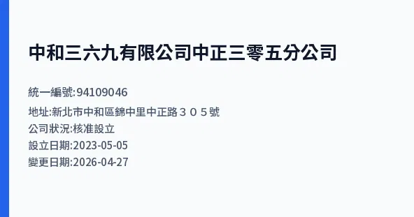 中和三六九有限公司中正三零五分公司的照片-統編 94109046(新北市) 公司登記資料與營業項目詳細圖表