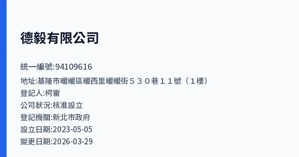 德毅有限公司的照片-統編 94109616(基隆市) 公司登記資料與營業項目詳細圖表