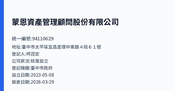 蒙恩資產管理顧問股份有限公司的照片-統編 94110629(臺中市) 公司登記資料與營業項目詳細圖表