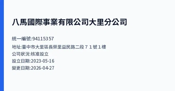 八馬國際事業有限公司大里分公司的照片-統編 94115357(臺中市) 公司登記資料與營業項目詳細圖表