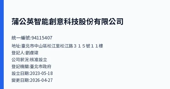 蒲公英智能創意科技股份有限公司的照片-統編 94115407(臺北市) 公司登記資料與營業項目詳細圖表