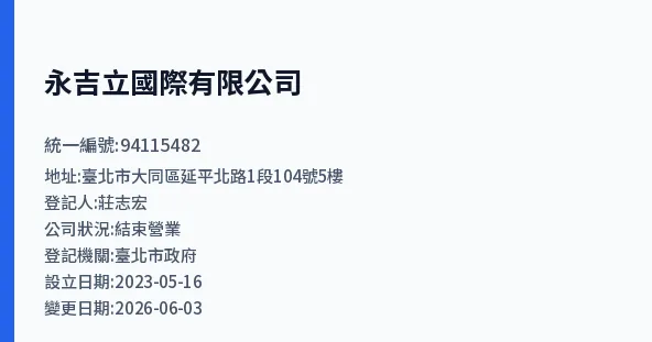 永吉立國際有限公司的照片-統編 94115482(臺北市) 公司登記資料與營業項目詳細圖表