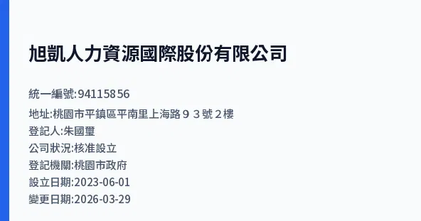 旭凱人力資源國際股份有限公司的照片-統編 94115856(桃園市) 公司登記資料與營業項目詳細圖表