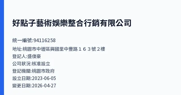 好點子藝術娛樂整合行銷有限公司的照片-統編 94116258(桃園市) 公司登記資料與營業項目詳細圖表