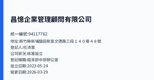 昌憶企業管理顧問有限公司的照片-統編 94117762(新竹縣) 公司登記資料與營業項目詳細圖表
