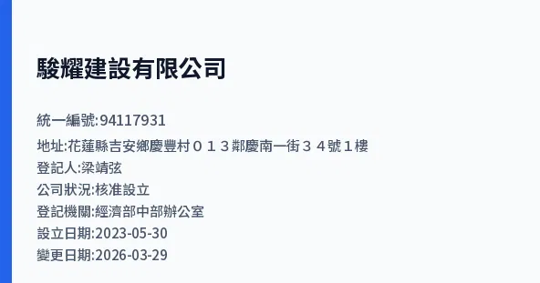 駿耀建設有限公司的照片-統編 94117931(花蓮縣) 公司登記資料與營業項目詳細圖表