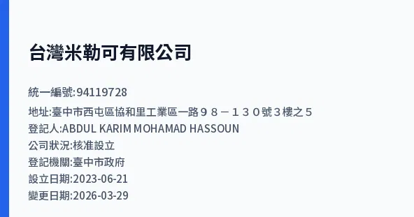 台灣米勒可有限公司的照片-統編 94119728(臺中市) 公司登記資料與營業項目詳細圖表
