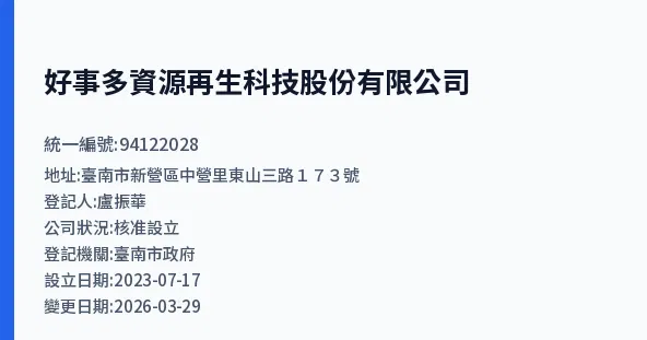 好事多資源再生科技股份有限公司的照片-統編 94122028(臺南市) 公司登記資料與營業項目詳細圖表