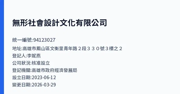 無形社會設計文化有限公司的照片-統編 94123027(高雄市) 公司登記資料與營業項目詳細圖表