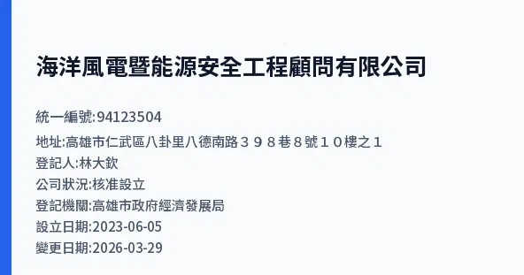 海洋風電暨能源安全工程顧問有限公司的照片-統編 94123504(高雄市) 公司登記資料與營業項目詳細圖表