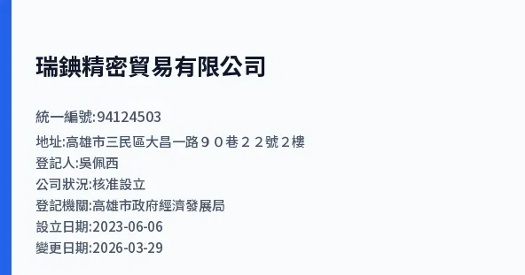 瑞錪精密貿易有限公司的照片-統編 94124503(高雄市) 公司登記資料與營業項目詳細圖表