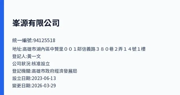 峯源有限公司的照片-統編 94125518(高雄市) 公司登記資料與營業項目詳細圖表