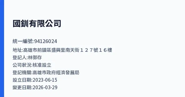 國釧有限公司的照片-統編 94126024(高雄市) 公司登記資料與營業項目詳細圖表