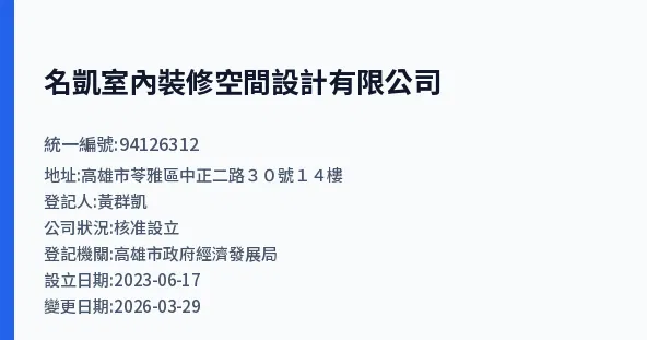 名凱室內裝修空間設計有限公司的照片-統編 94126312(高雄市) 公司登記資料與營業項目詳細圖表