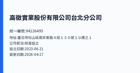 高徵實業股份有限公司台北分公司的照片-統編 94126495(臺北市) 公司登記資料與營業項目詳細圖表