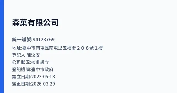 森菓有限公司的照片-統編 94128769(臺中市) 公司登記資料與營業項目詳細圖表