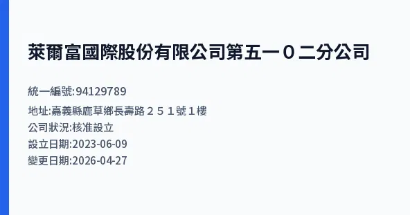 萊爾富國際股份有限公司第五一0二分公司的照片-統編 94129789(嘉義縣) 公司登記資料與營業項目詳細圖表