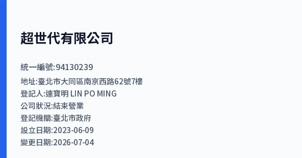 超世代有限公司的照片-統編 94130239(臺北市) 公司登記資料與營業項目詳細圖表