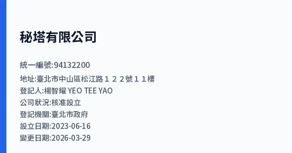 秘塔有限公司的照片-統編 94132200(臺北市) 公司登記資料與營業項目詳細圖表