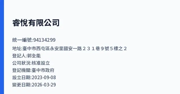 睿悅有限公司的照片-統編 94134299(臺中市) 公司登記資料與營業項目詳細圖表