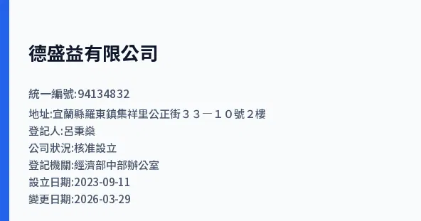 德盛益有限公司的照片-統編 94134832(宜蘭縣) 公司登記資料與營業項目詳細圖表