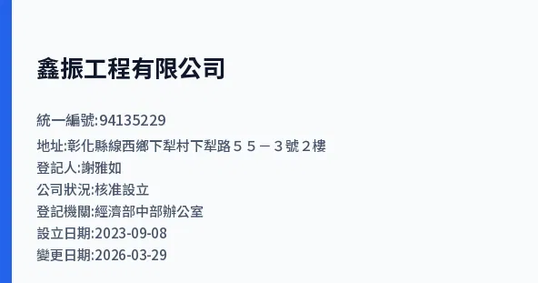 鑫振工程有限公司的照片-統編 94135229(彰化縣) 公司登記資料與營業項目詳細圖表