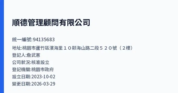 順德管理顧問有限公司的照片-統編 94135683(桃園市) 公司登記資料與營業項目詳細圖表
