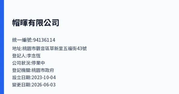 帽暉有限公司的照片-統編 94136114(桃園市) 公司登記資料與營業項目詳細圖表