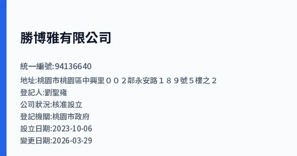 勝博雅有限公司的照片-統編 94136640(桃園市) 公司登記資料與營業項目詳細圖表